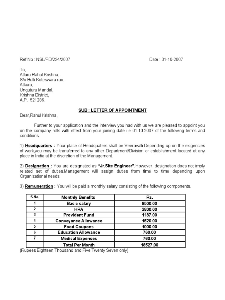 Nsl Appointment Letter Format | Salary | Politics
