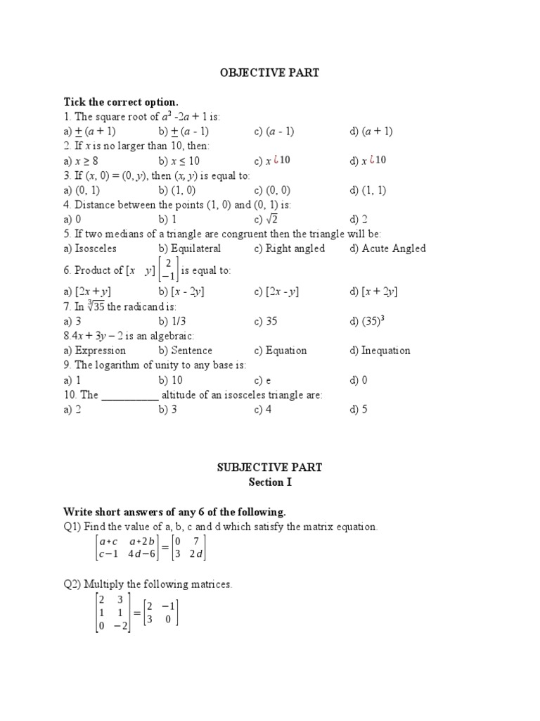 Objective and subjective math questions | PDF | Matrix (Mathematics) | Triangle