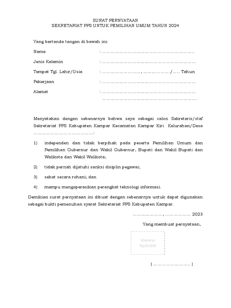 Surat Pernyataan Calon Sekretaris PPS 2024 | PDF