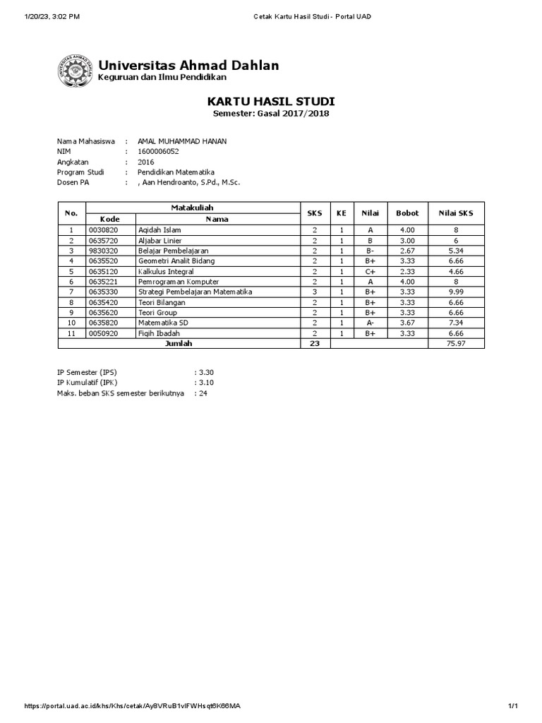 Cetak Kartu Hasil Studi - Portal UAD 2 | PDF