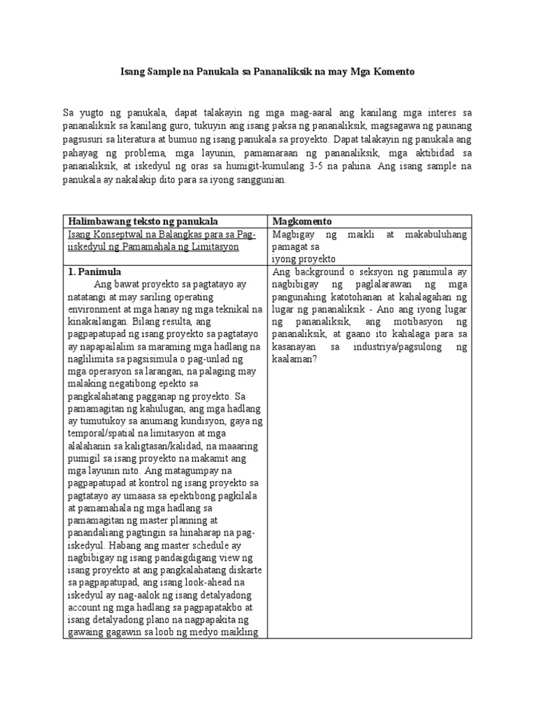 Isang Sample Na Panukala Sa Pananaliksik Na May Mga Komento | PDF