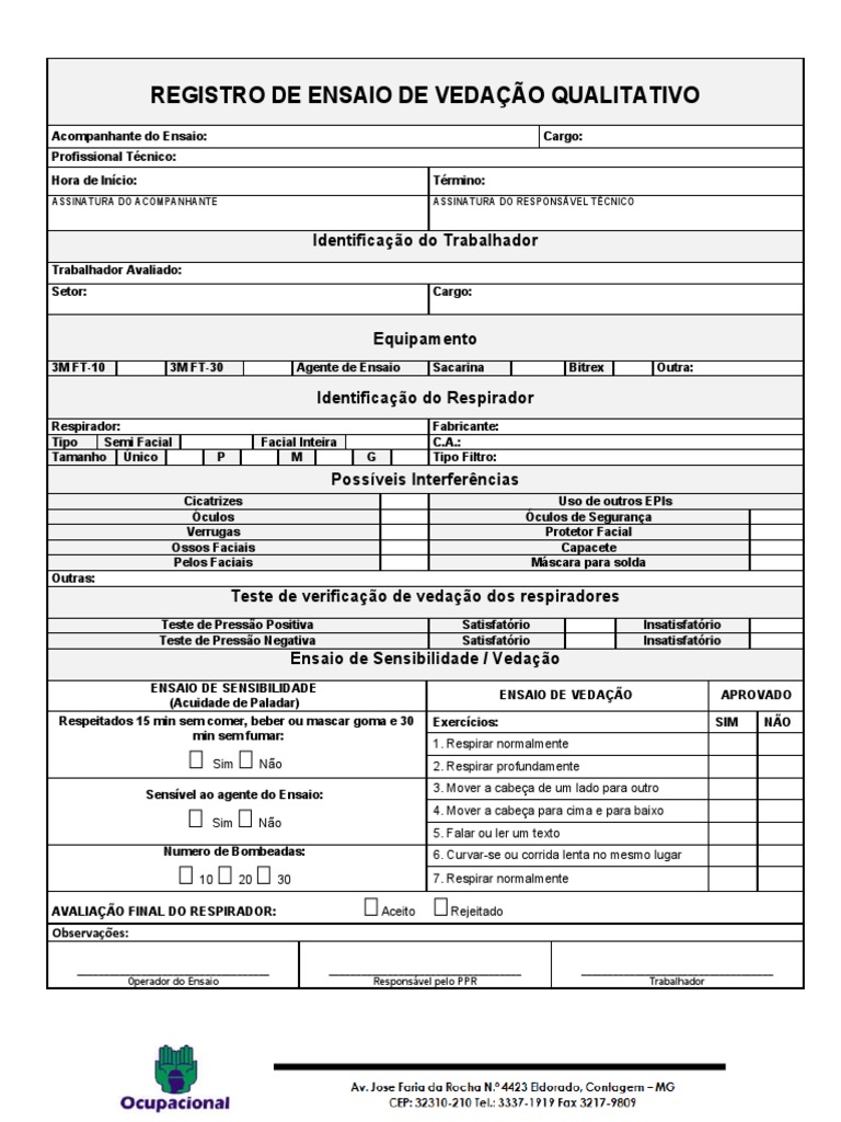 Formulario para Execução de Teste de Vedação. | PDF
