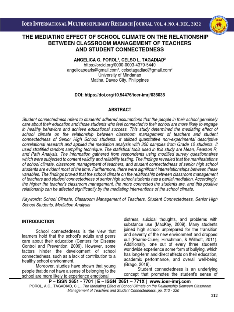 The Mediating Effect of School Climate On The Relationship Between Classroom Management of ...