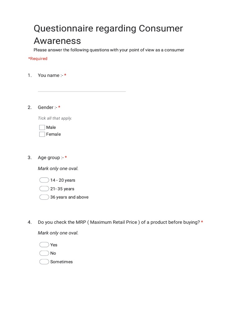 Questionnaire Regarding Consumer Awareness | PDF
