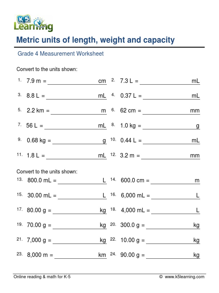 Grade 4 Convert Metric Units Length Weight Capacity B | PDF