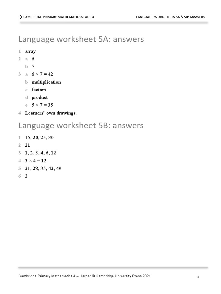 Cambridge Primary Math Stage 4 Worksheets 5A & 5B Answers | PDF