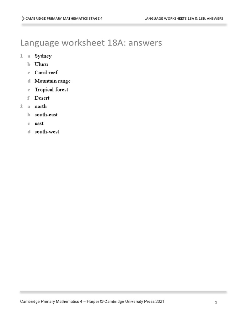 Prim Maths 4 2ed TR Lang Ws Answers 18 | PDF