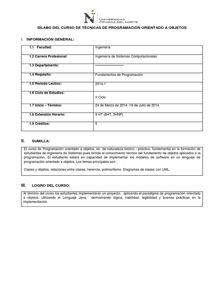 Sílabo Del Curso de Técnicas de Programación Orientado A Objetos | PDF | Clase (Programación ...