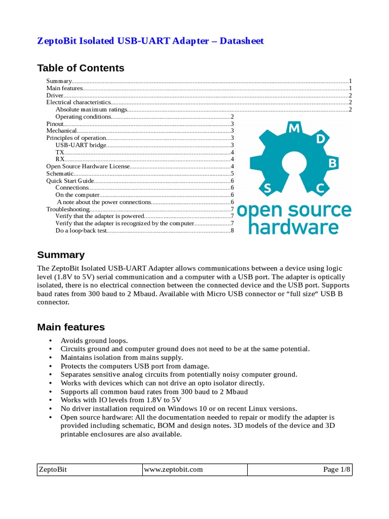 ZeptoBit Isolated USB-UART Adapter - Datasheet | PDF | Device Driver | Usb