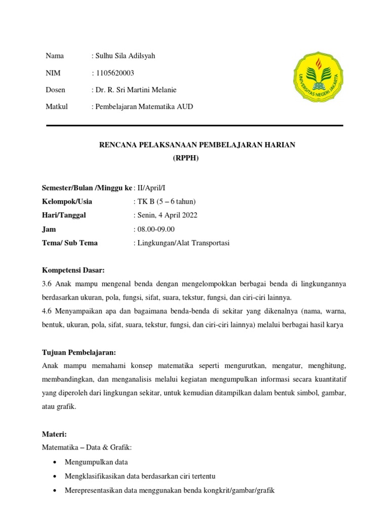 Rencana Pelaksanaan Pembelajaran Harian (RPPH) | PDF