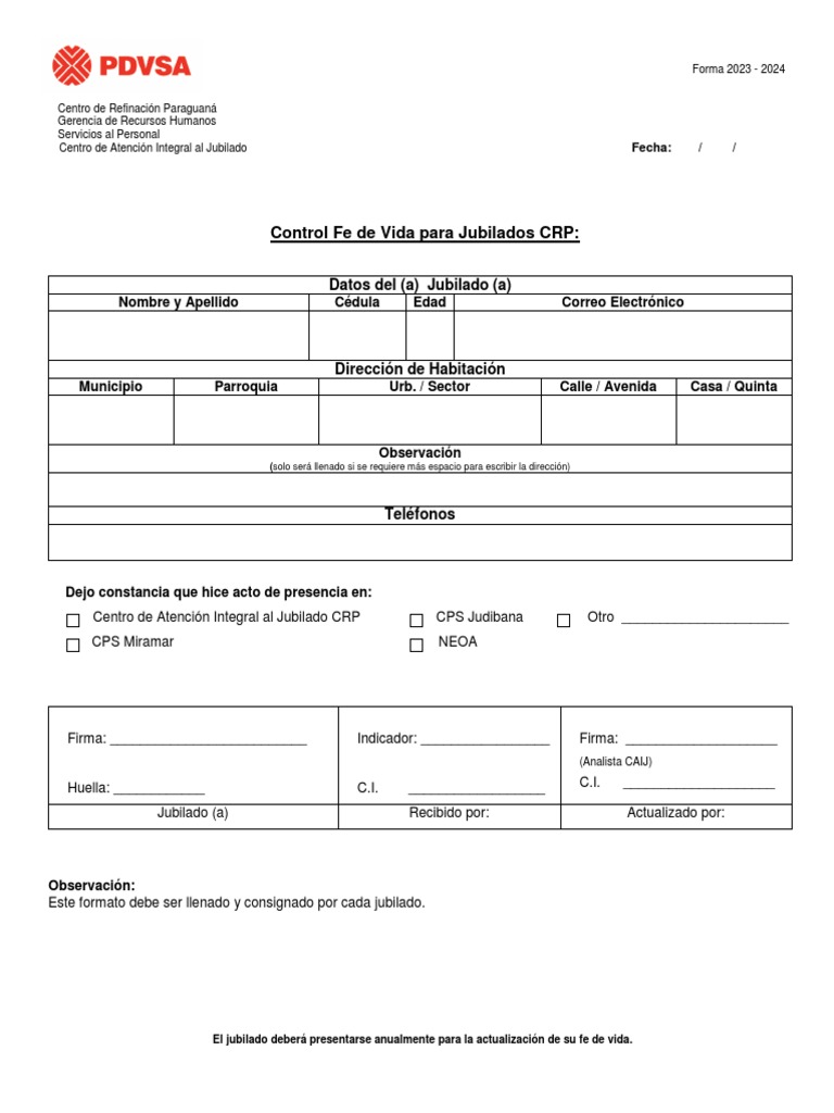 Formato de Fe de Vida para Jubilados | PDF