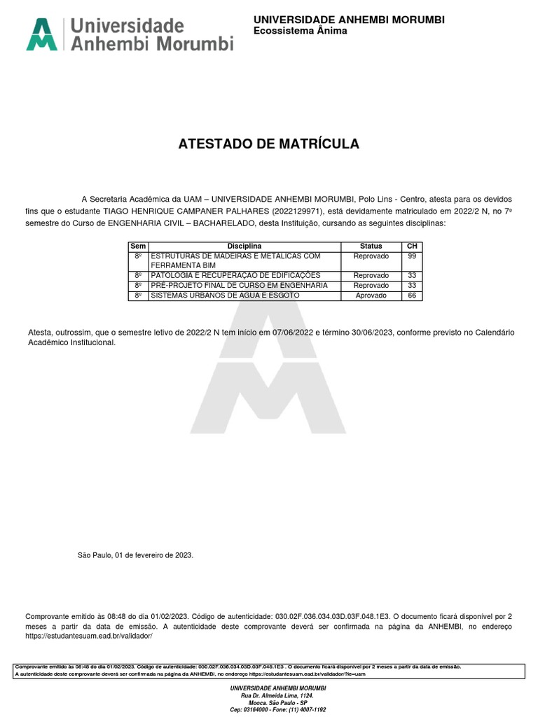 Portal Do Aluno - Atestado de Matrícula Autenticado | PDF