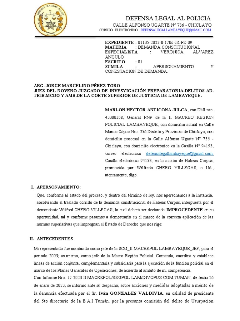 Contestación De Habeas Corpus Pdf Habeas Corpus Justicia