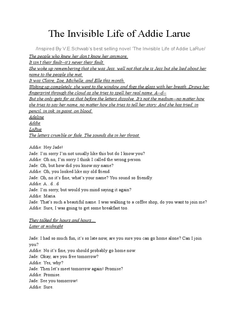 Short Drama Inspired by V.E.Schwab The Invisible Life of Addie LaRue | PDF