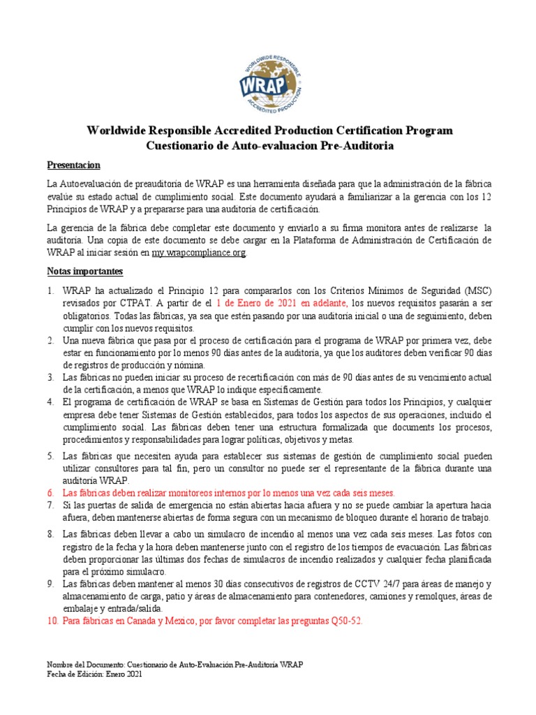 WRAP Pre Audit Self Assessment Spanish Fillable Protected January 2021 ...