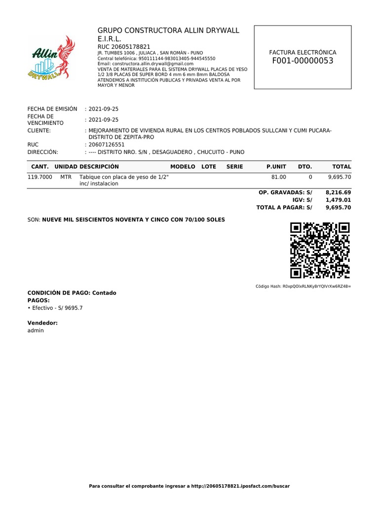 Grupo Constructora Allin Drywall E.I.R.L.: RUC 20605178821 Factura Electrónica | PDF