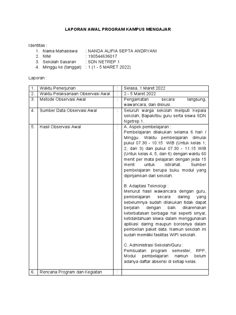 Format Laporan Awal Mahasiswa Kampus Mengajar | PDF