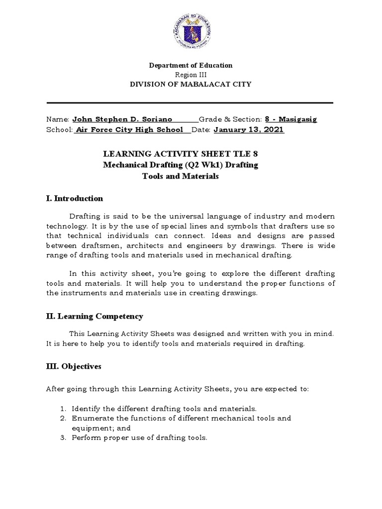 TLE8 - Mechanical Drafting - Q2 - Wk1 - Drafting Tools and Materials ...
