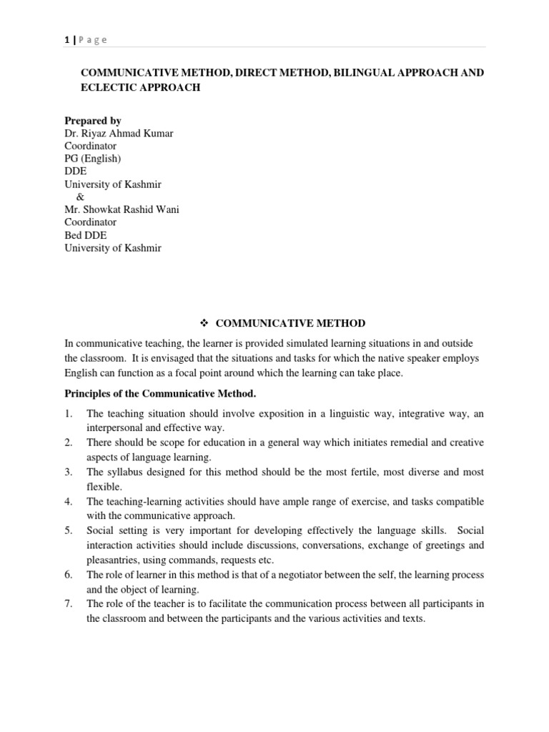 Communicative Method, Direct Method, Bilingual Approach and Eclectic ...