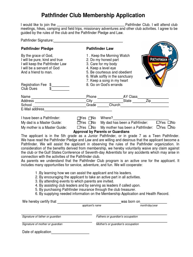 YTH Pathfinder Membership Application | PDF | Christian Organizations ...