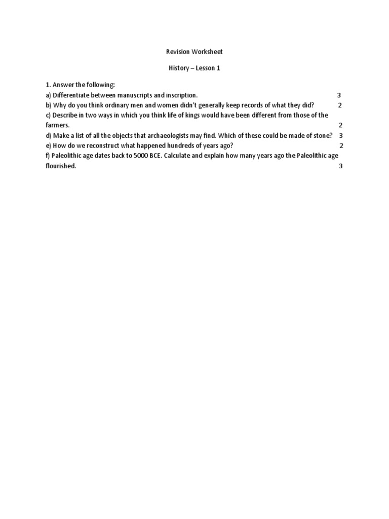 Revision Worksheet - History Lesson 1 | PDF