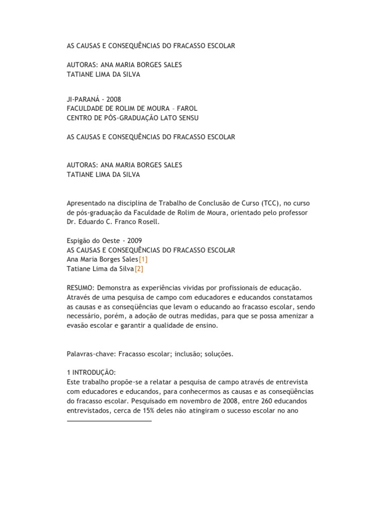 Causas e Consequências do Fracasso Escolar | PDF