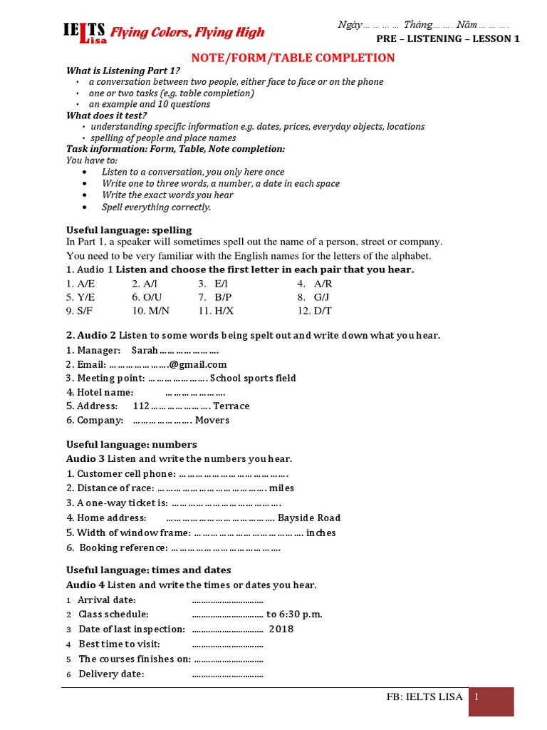 Pre-Listening Practice: Completing Forms, Tables, and Notes from Audio ...