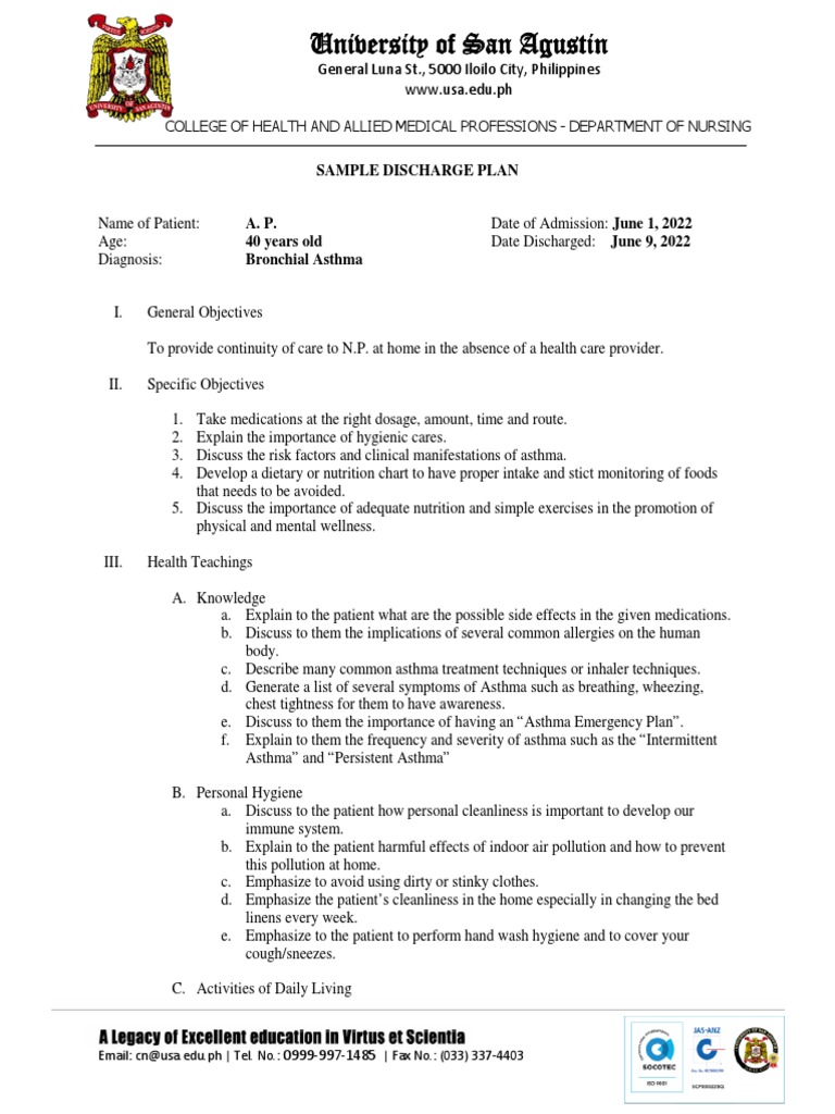 Discharge Plan - Dinson, Red Angela O. BSN 1-B | PDF | Asthma | Health Care