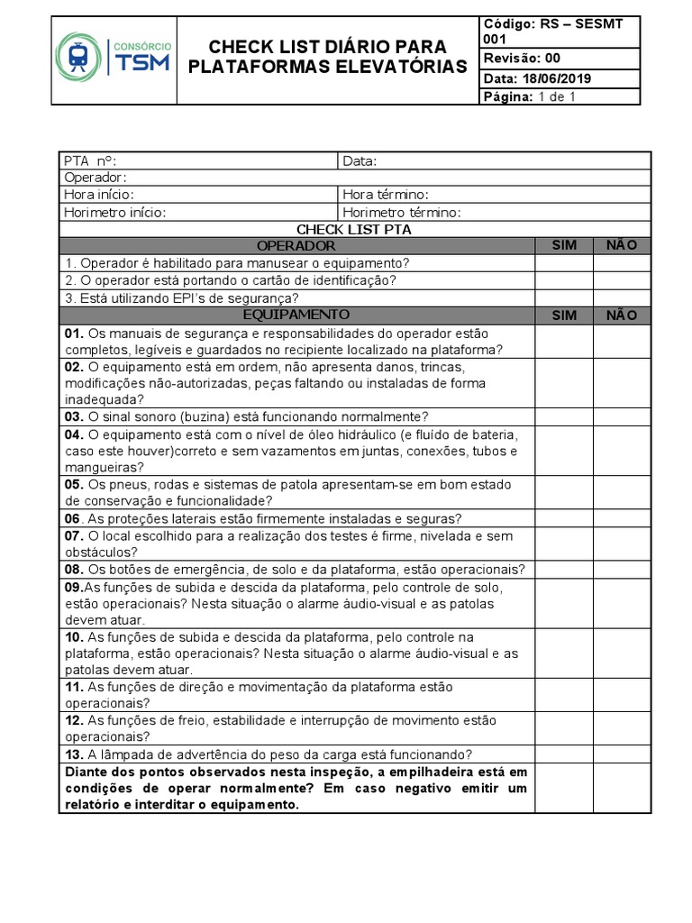 CHECK LIST PTA PADRÃO (1) | PDF