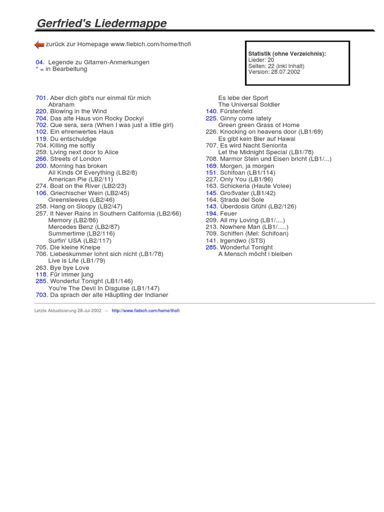 Aber Dich Gibts Nur Einmal D Dur Liedermappe - Gerfried | PDF