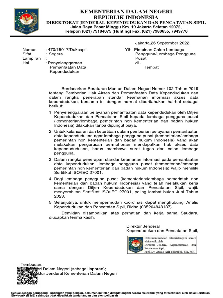 Surat Permintaan Iso 27001 Ditjen Dukcapil | PDF