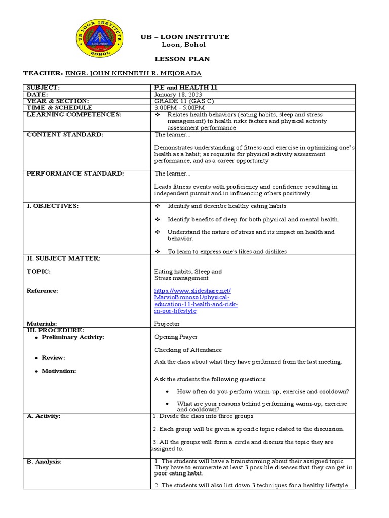 Lesson Plan Pe 11 | PDF | Lesson Plan | Sleep