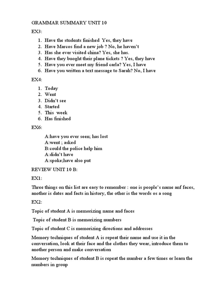 Grammar Summary Unit 10 | PDF | English Language | Memory