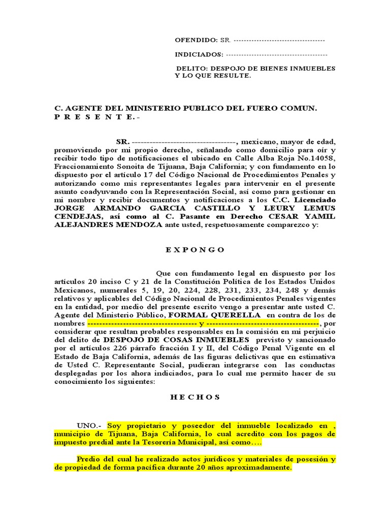 Denuncia De Despojo 1 Pdf Queja Justicia