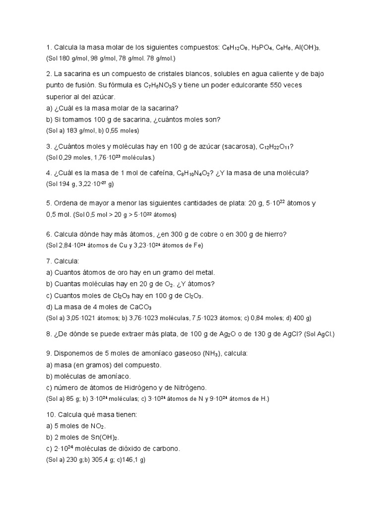 Cálculo de masas molares y moles | PDF