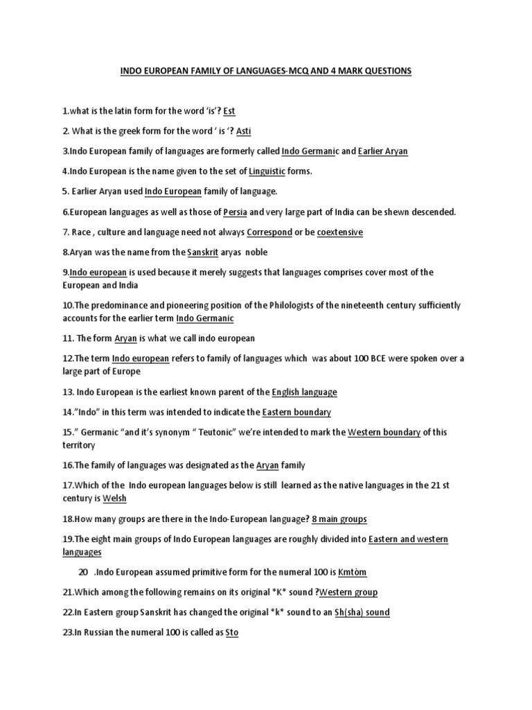 Indo-European Languages Overview and MCQs | PDF | Languages Of Europe ...