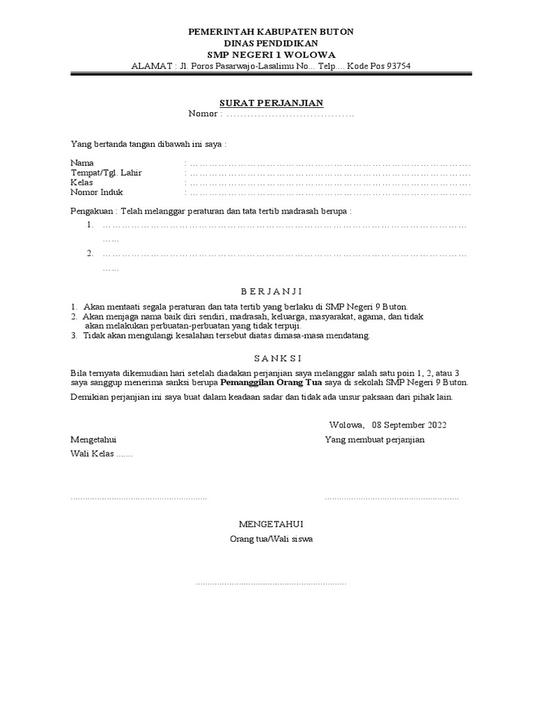 Surat Perjanjian - Pernyataan Siswa | PDF