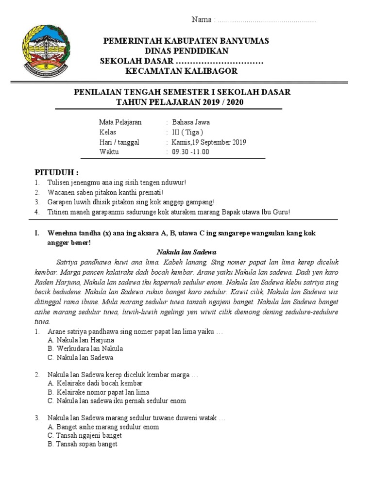 PTS 1 Kelas 3 Bhs Jawa K 2013 | PDF