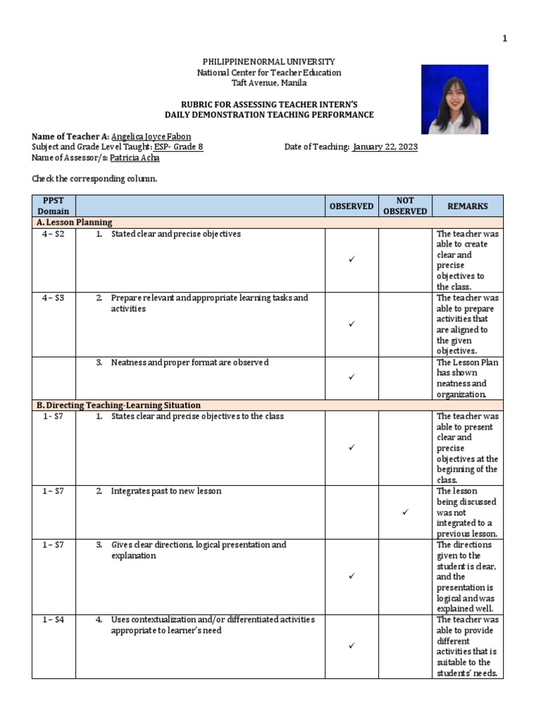 Rubric For Assessing Teacher Intern'S Daily Demonstration Teaching Performance Name of Teacher A ...