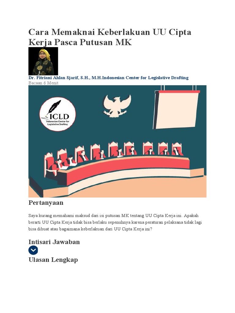 Cara Memaknai Keberlakuan UU Cipta Kerja Pasca Putusan MK | PDF
