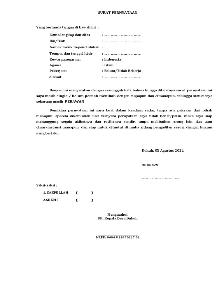 Surat Pernyataan Masih Perawan Alias Single | PDF | Hukum