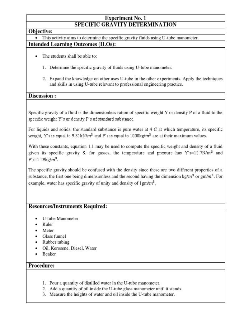 Experiment 1 Specific Gravity Determination Pdf Density Pressure