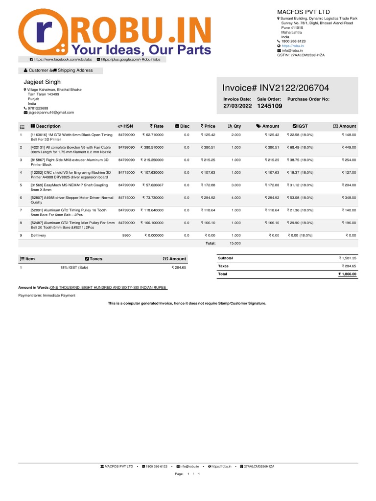 Invoice 1245109 | PDF | Rupee | Belt (Mechanical)