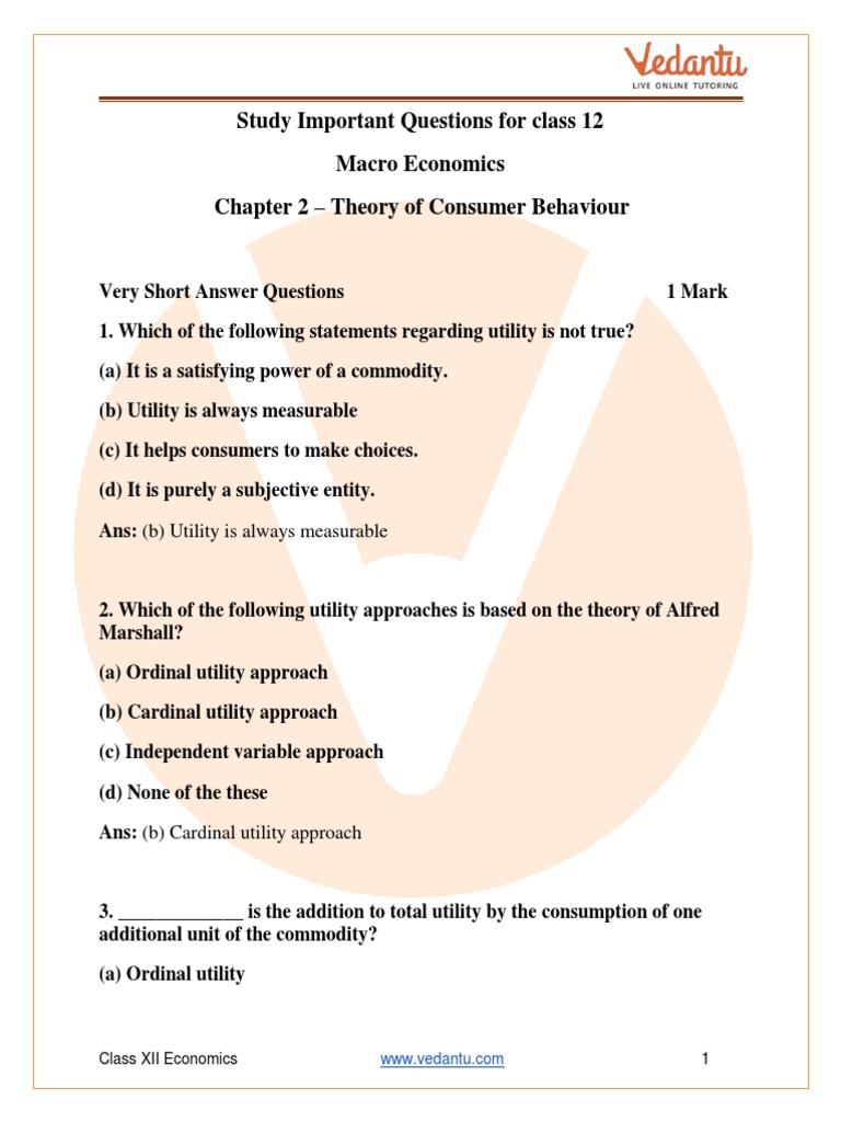Important Questions For CBSE Class 12 Micro Economics Chapter 2 | PDF ...