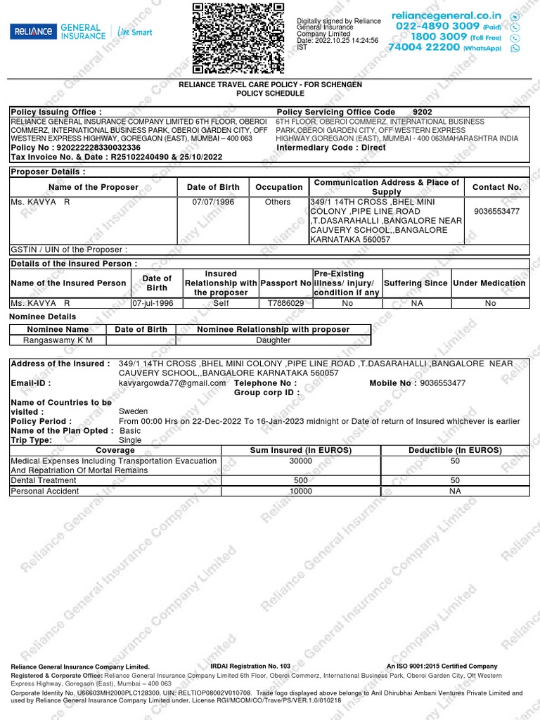 Reliance Travel Care Policy - For Schengen Policy Schedule | PDF ...