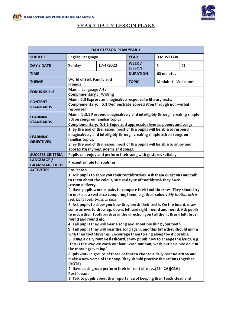 LESSON Year 3 Daily Lesson Plans for English Language | PDF ...