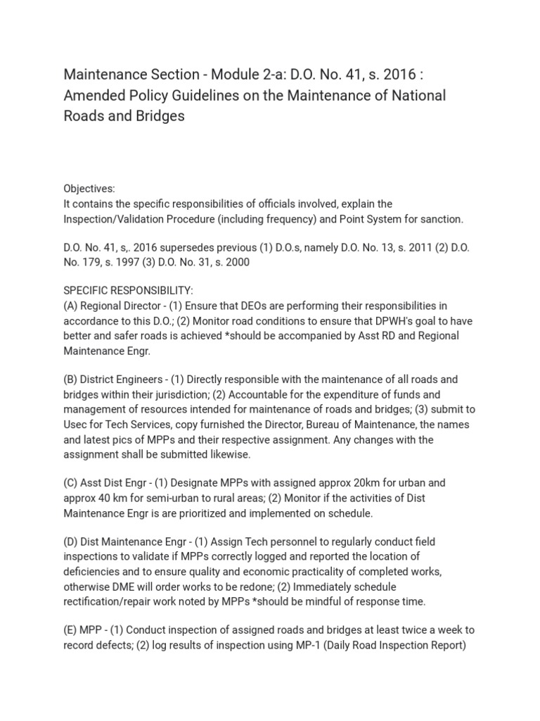 D.O. No. 41, s. 2016 Road Maintenance Guidelines | PDF