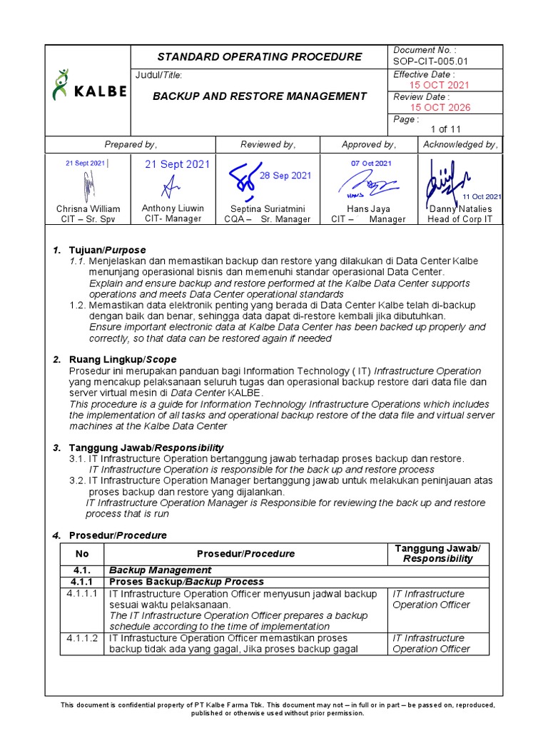 SOP-CIT-005.01 Backup and Restore Management - (Effective) | PDF ...