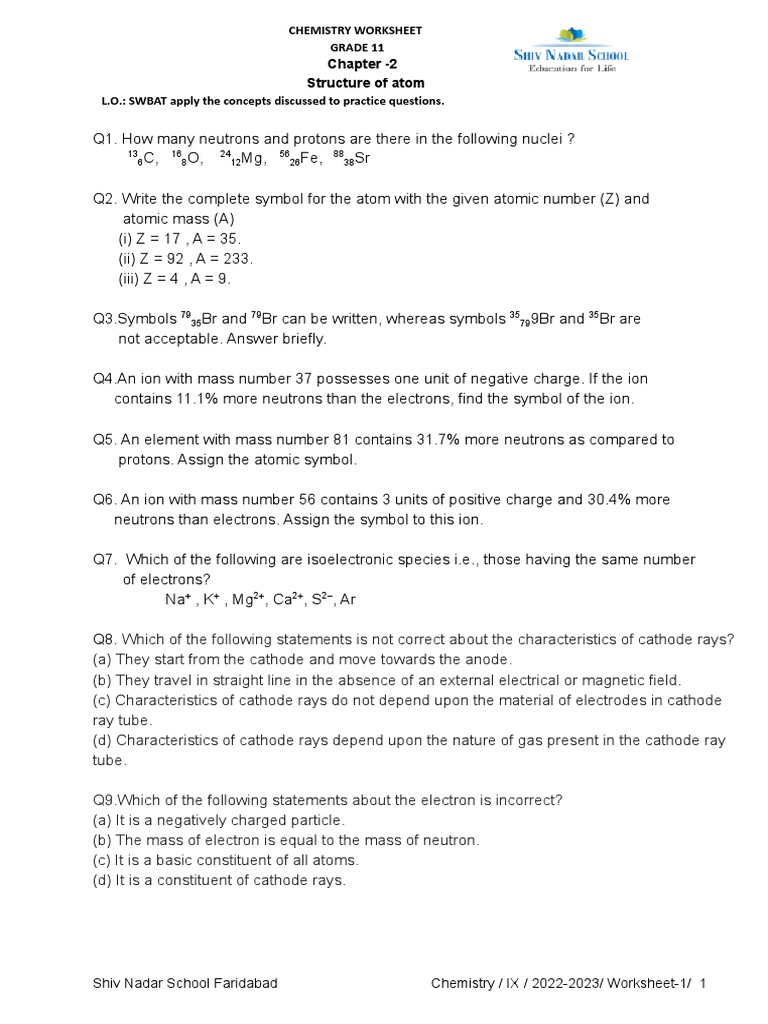 Chemistry Worksheet Grade 11: Chapter - 2 Structure of Atom | PDF ...