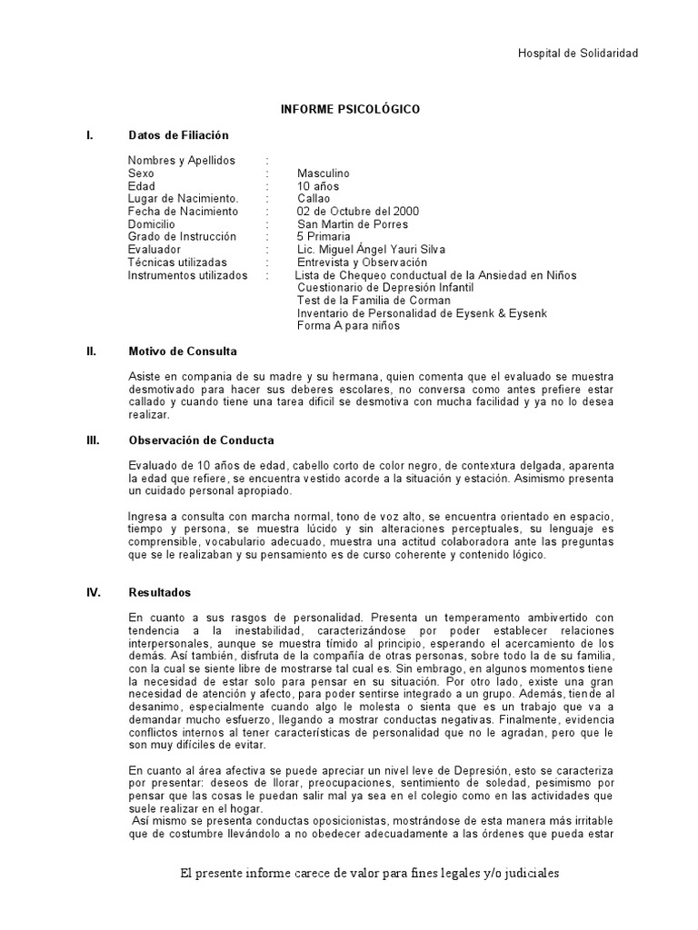 EJEMPLO Informe Psicologico de Andy | PDF | Las emociones | Depresión (estado de ánimo)